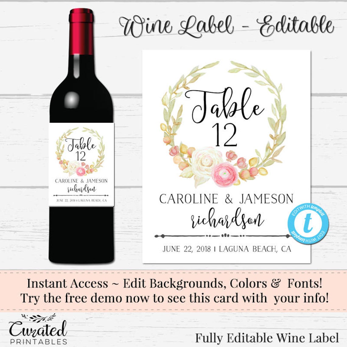Wedding Wine Label Editable Wine Label Custom Wedding Wine | Etsy