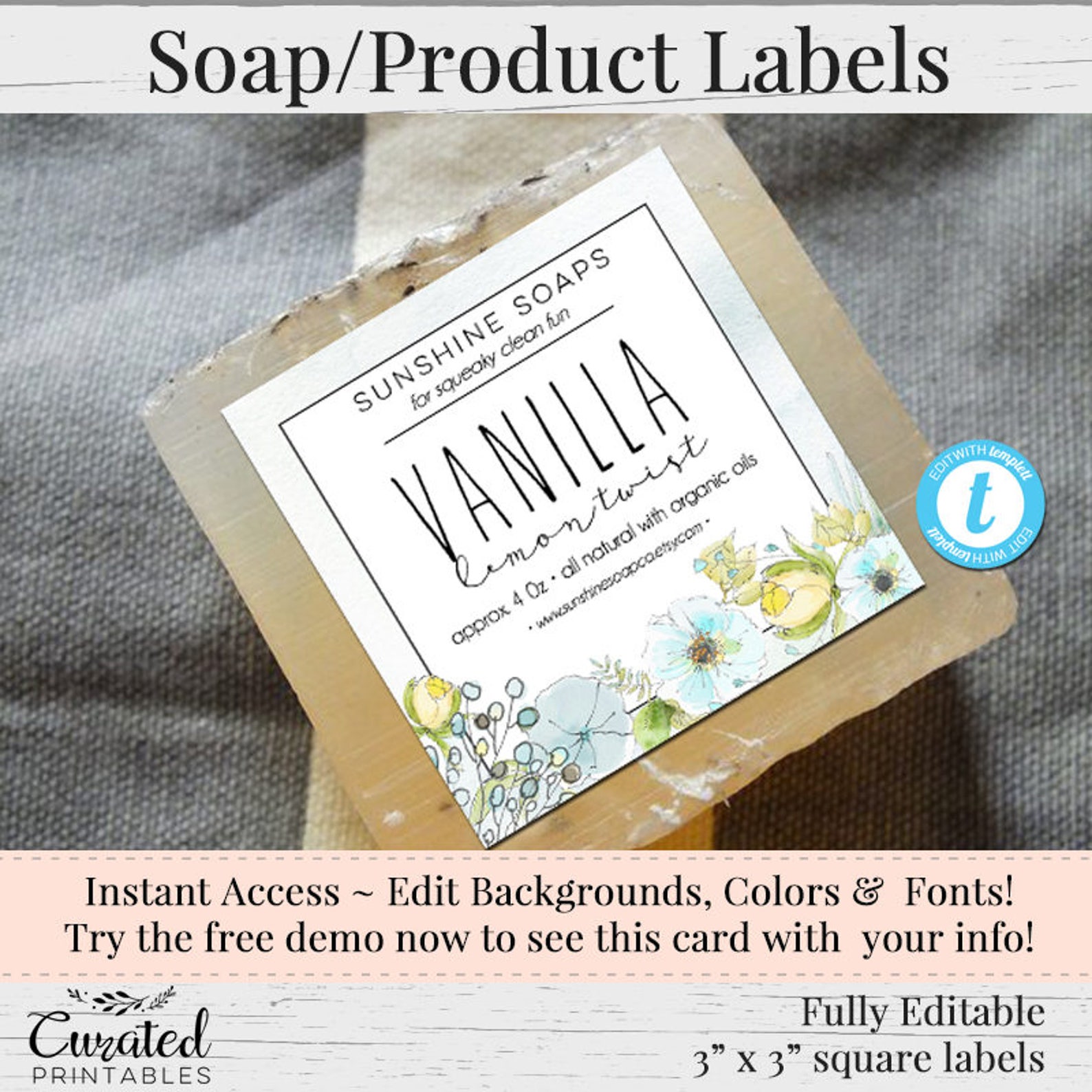 Square Product Label, Editable Label, 3 Inch Square Label, Jar Label ...