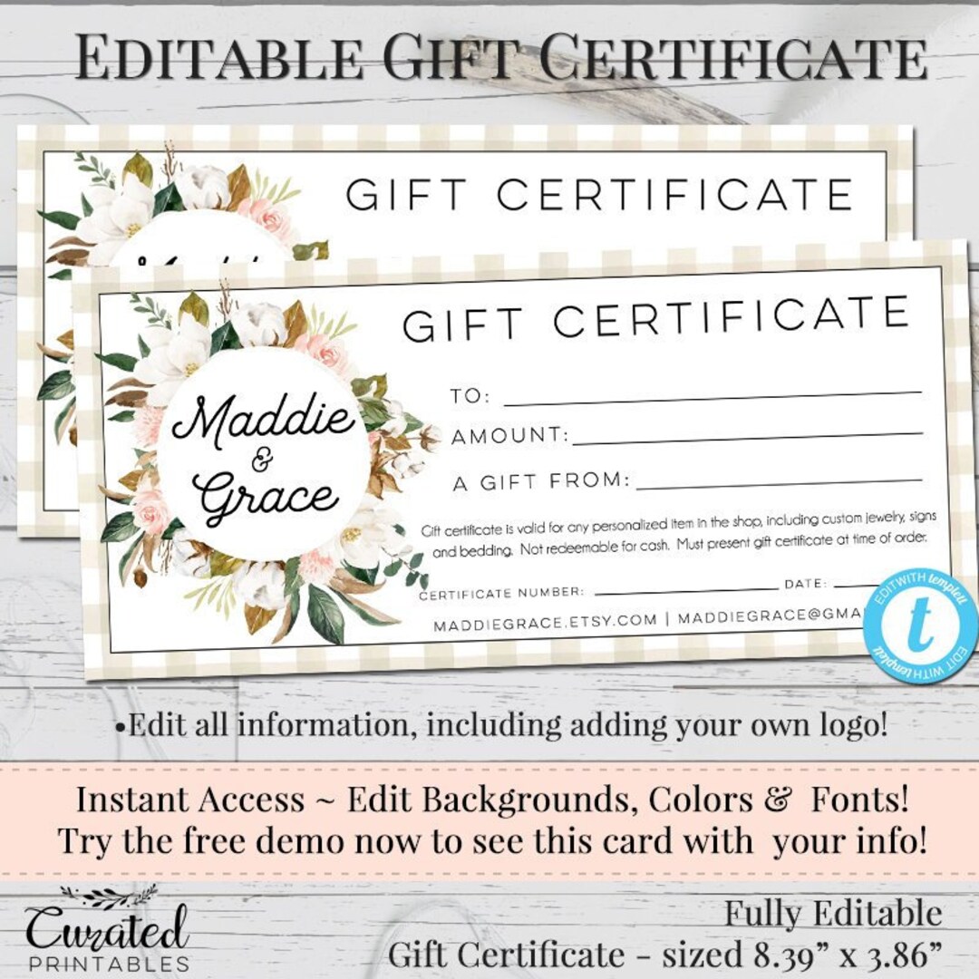 Gift Certificate, Printable Gift Cert, DIY Gift Certificate, Instant ...