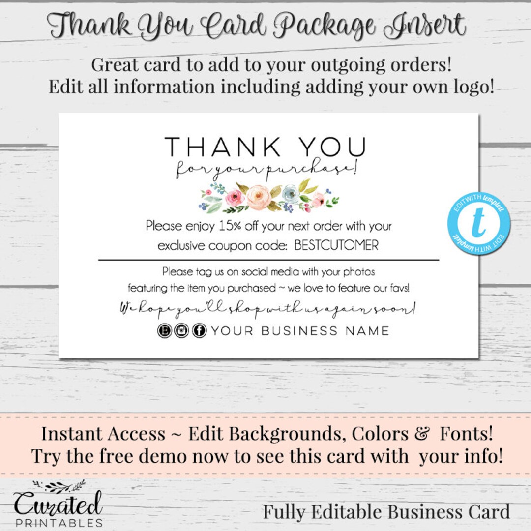 Thank You Package Insert, DIY Business Card, Instant Download Card ...