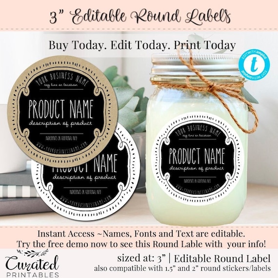 Round Jar Label DIY Product Label Editable Round Label | Etsy