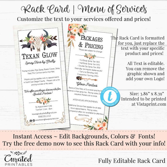 Spray Tan Rack Card Makeup Artist Menu Tanning Menu List of | Etsy