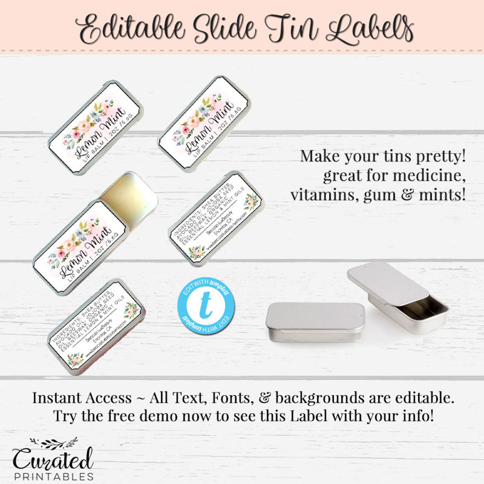 Slide Lip Tins Editable Label Bath Product Label DIY Label - Etsy