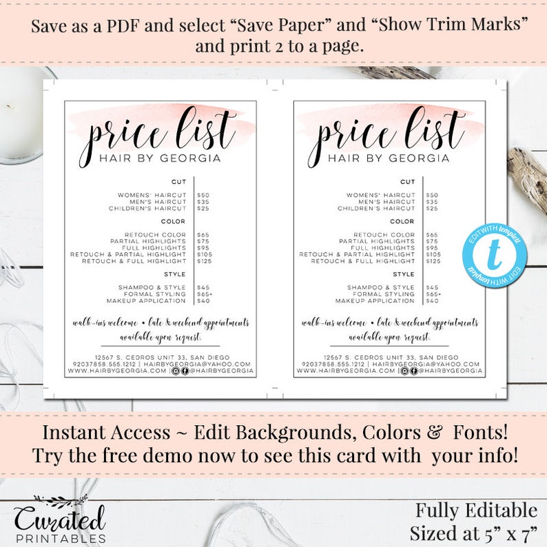 DIY Price List 5 X 7 Price List Editable Price List Package - Etsy