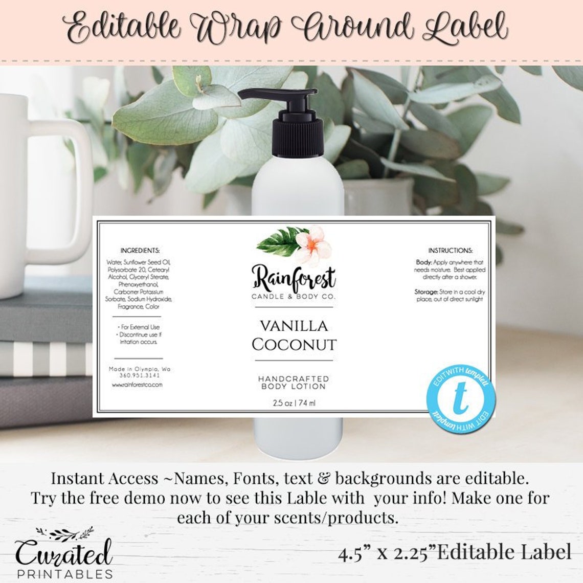 Wrap Around Bottle Label Editable Bottle Label DIY Bottle - Etsy