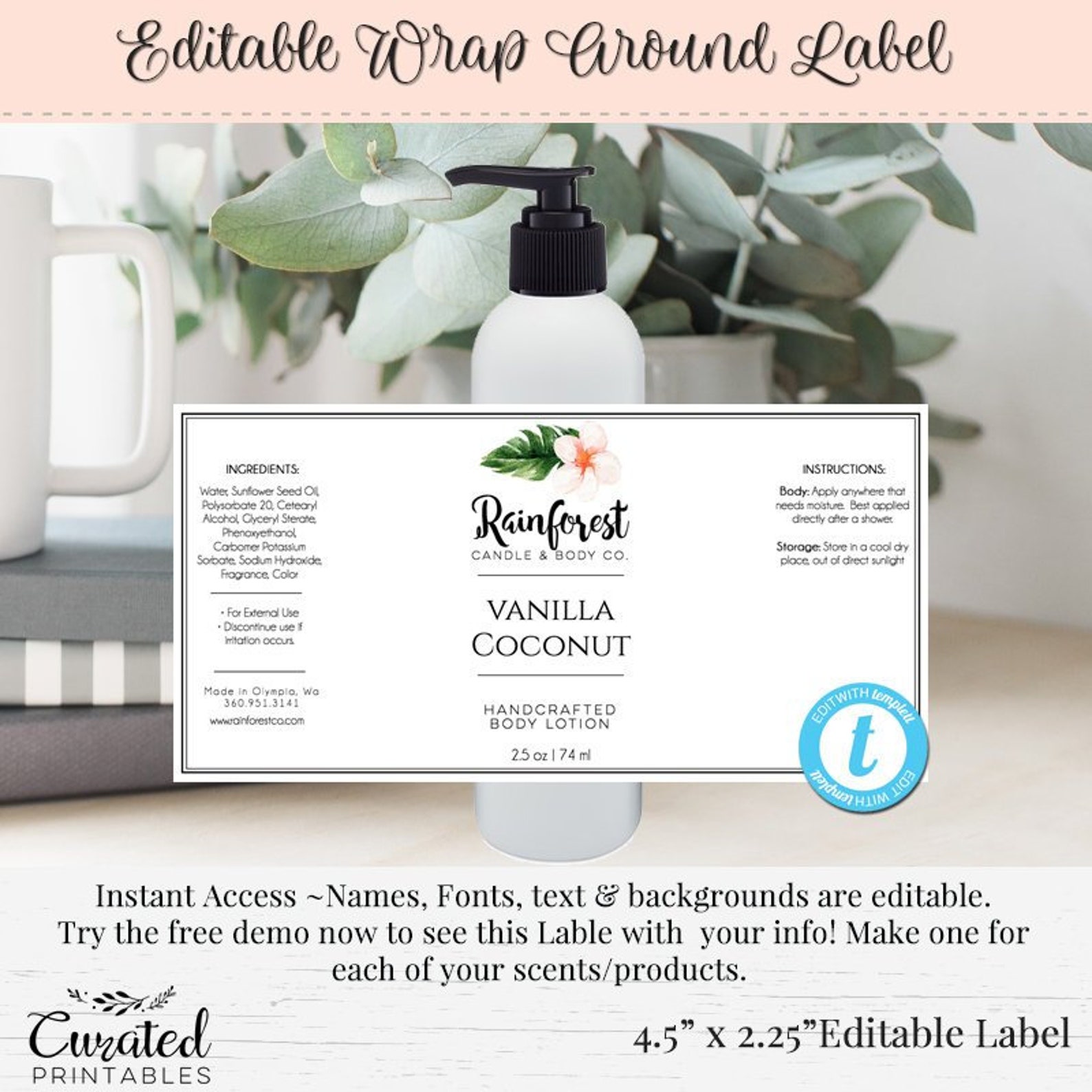 Wrap Around Bottle Label, Editable Bottle Label, DIY Bottle Label ...
