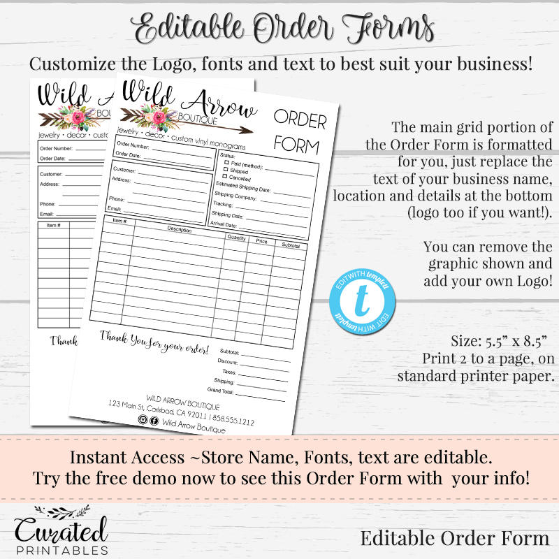 Order Form, Customizable Order Form, Editable Order Form, Order Form ...
