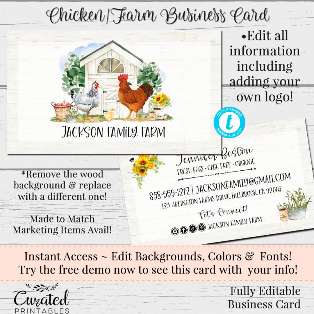 Chicken Business Card, Editable Card, Business Card Template, DIY ...