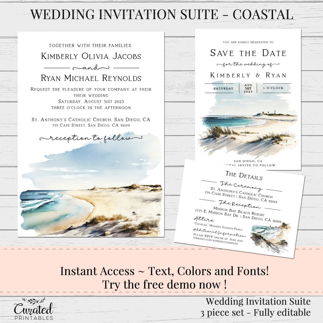 Beach Wedding Invitation Suite, DIY Invitation Set, Wedding Template ...