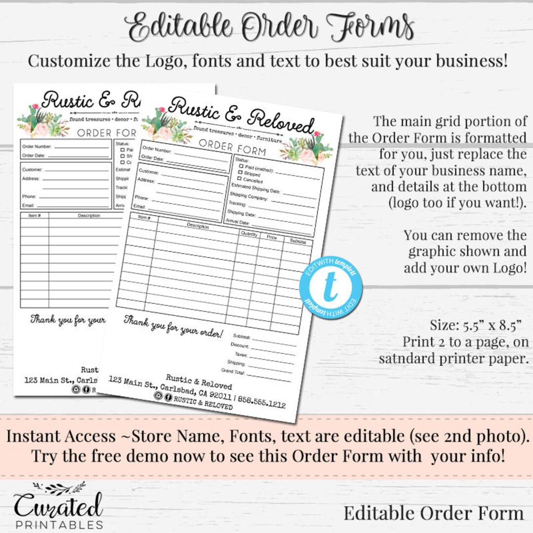 Order Form, Customizable Order Form, Editable Order Form, Order Form ...
