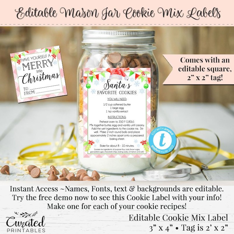 Mason Jar Cookie Label Editable Christmas Label Cookie Mix - Etsy