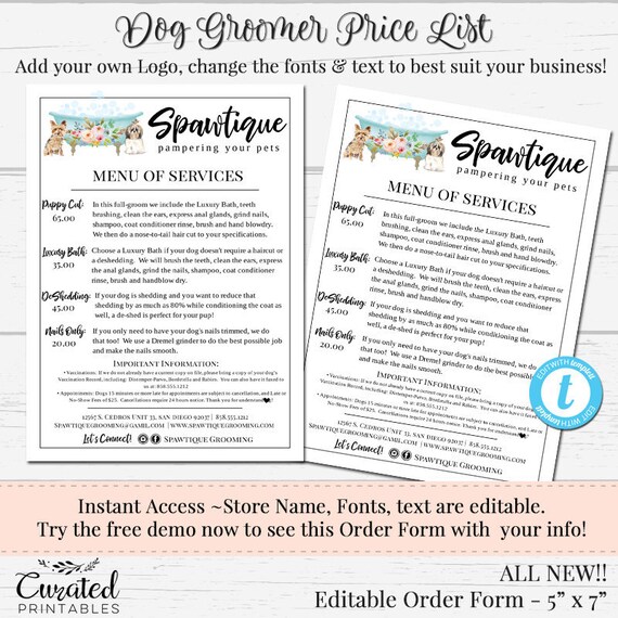 DIY Dog Groomer Price List Editable Price List Package Etsy
