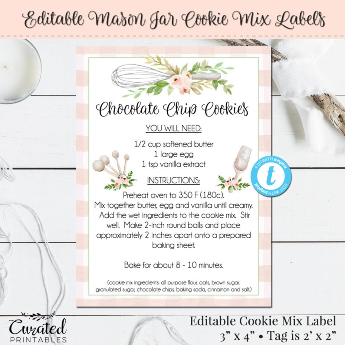 Mason Jar Cookie Mix Label, Editable Label, Cookie Mix Label, Product ...