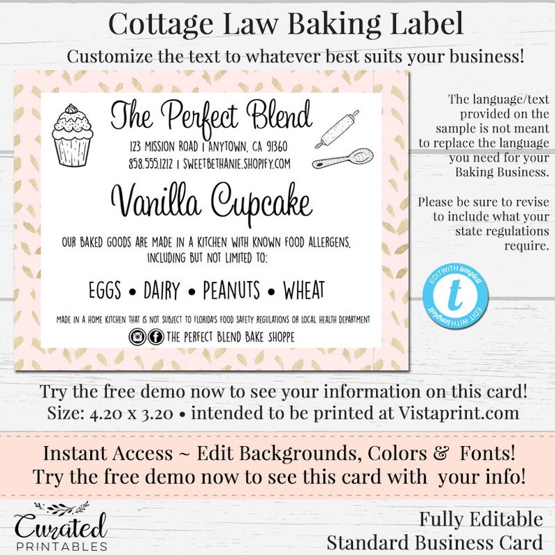 Cottage Law Label, Bakers Label, Cupcake Product Label, DIY Ingredient ...