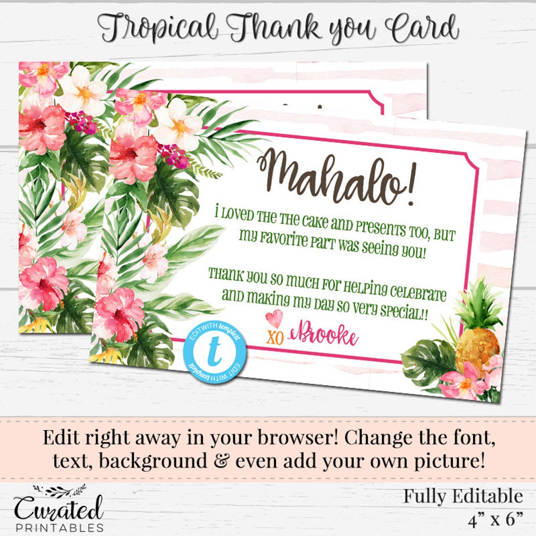 Tropical Thank You, Luau Invitation, Aloha Template, Mahalo Postcard ...
