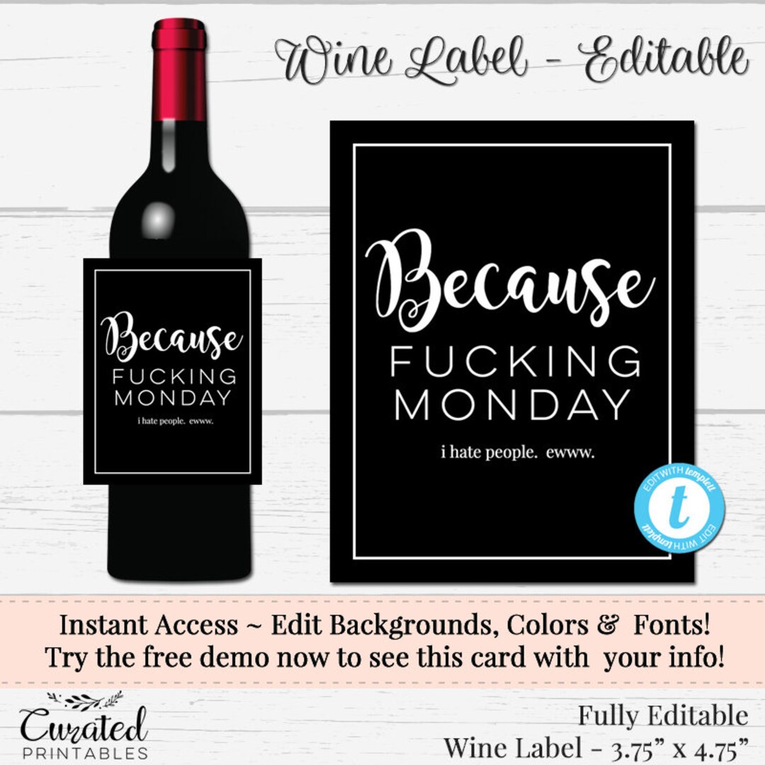 Editable Wine Label, Funny Wine Label, Custom Wine Label, DIY Wine ...