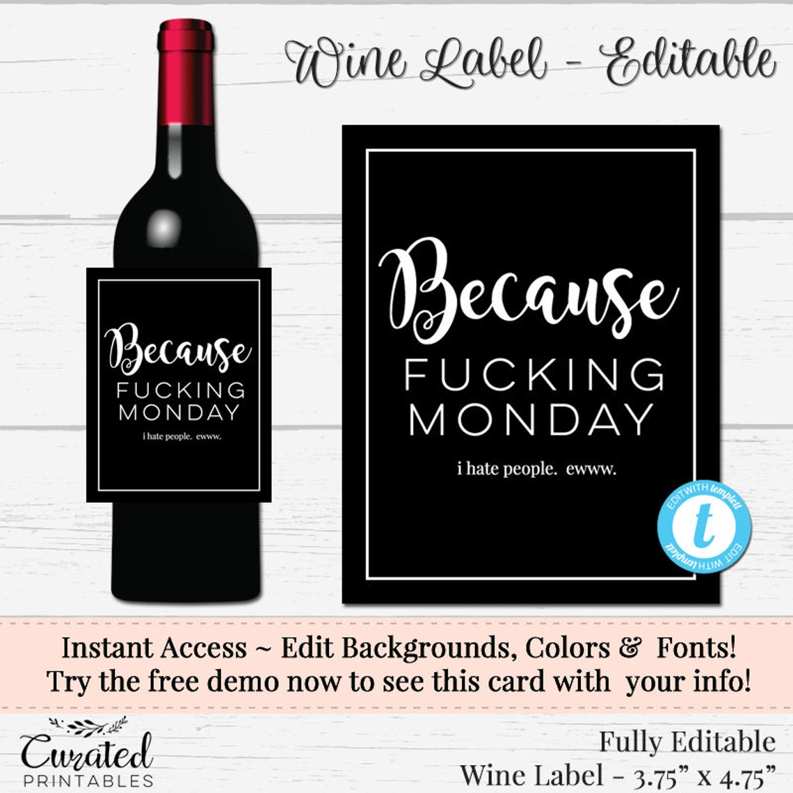 Editable Wine Label Funny Wine Label Custom Wine Label DIY - Etsy