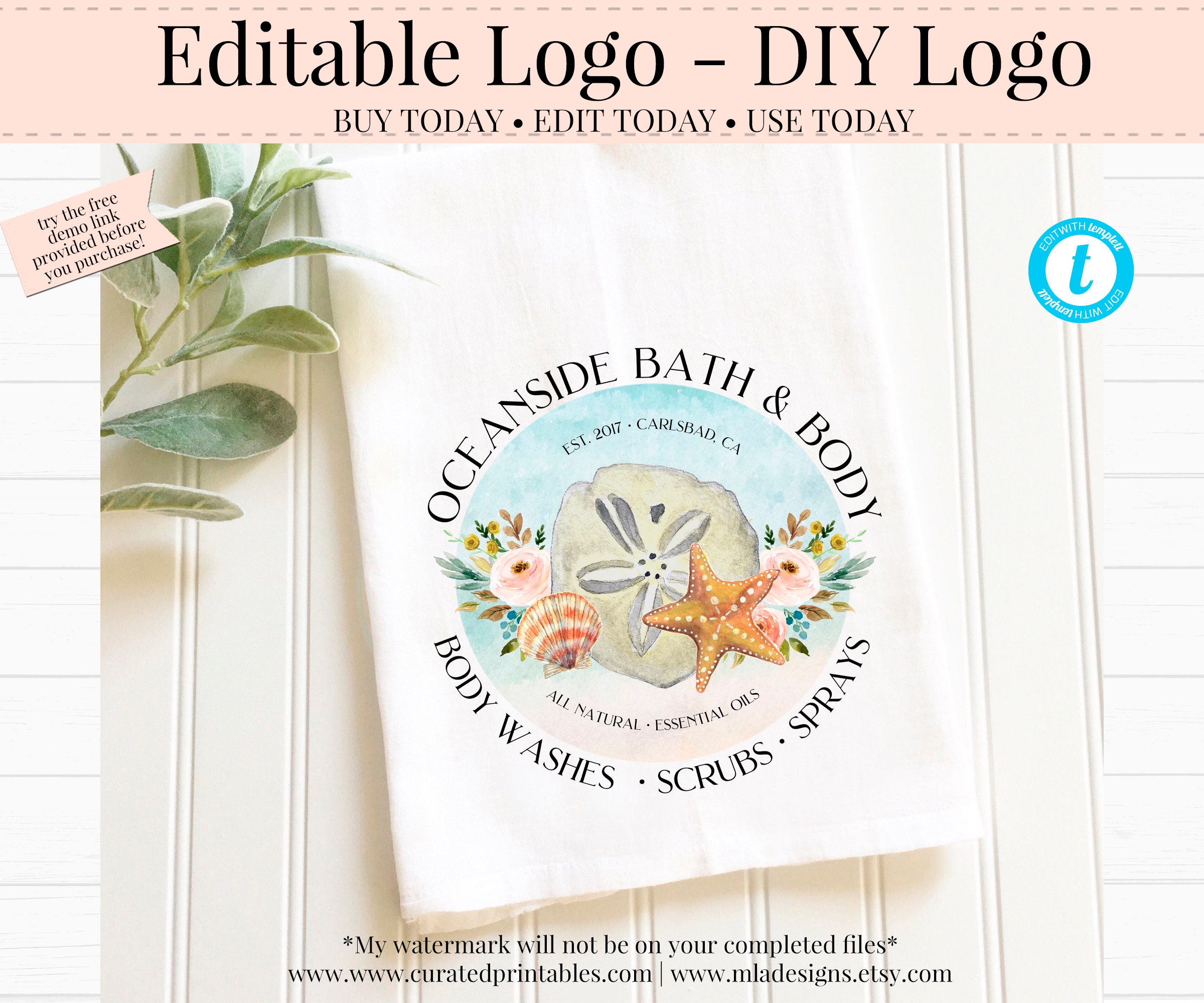 Editable Logo, Beach Logo, Shell Logo, Bath and Body Logo, Coastal Logo ...
