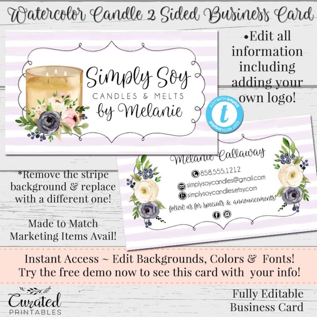 Candle Business Card, Business Card, Watercolor Card Template, DIY ...