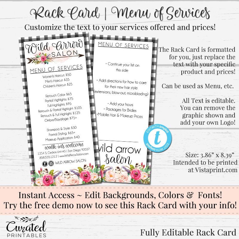 Editable Rack Card Makeup Artist Menu Hair Stylist Services | Etsy