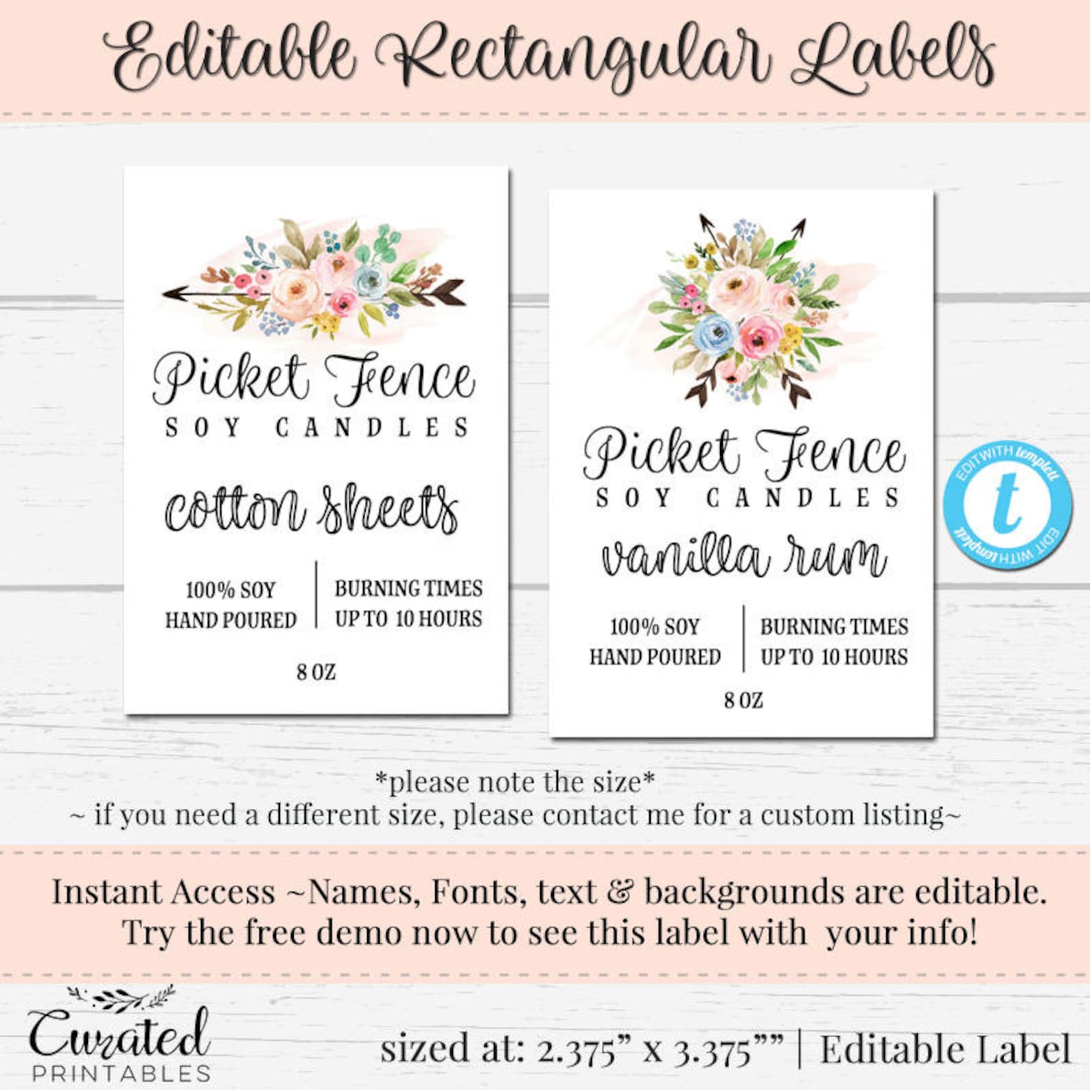 Rectangle Candle Label Editable Label Bath Product Label - Etsy