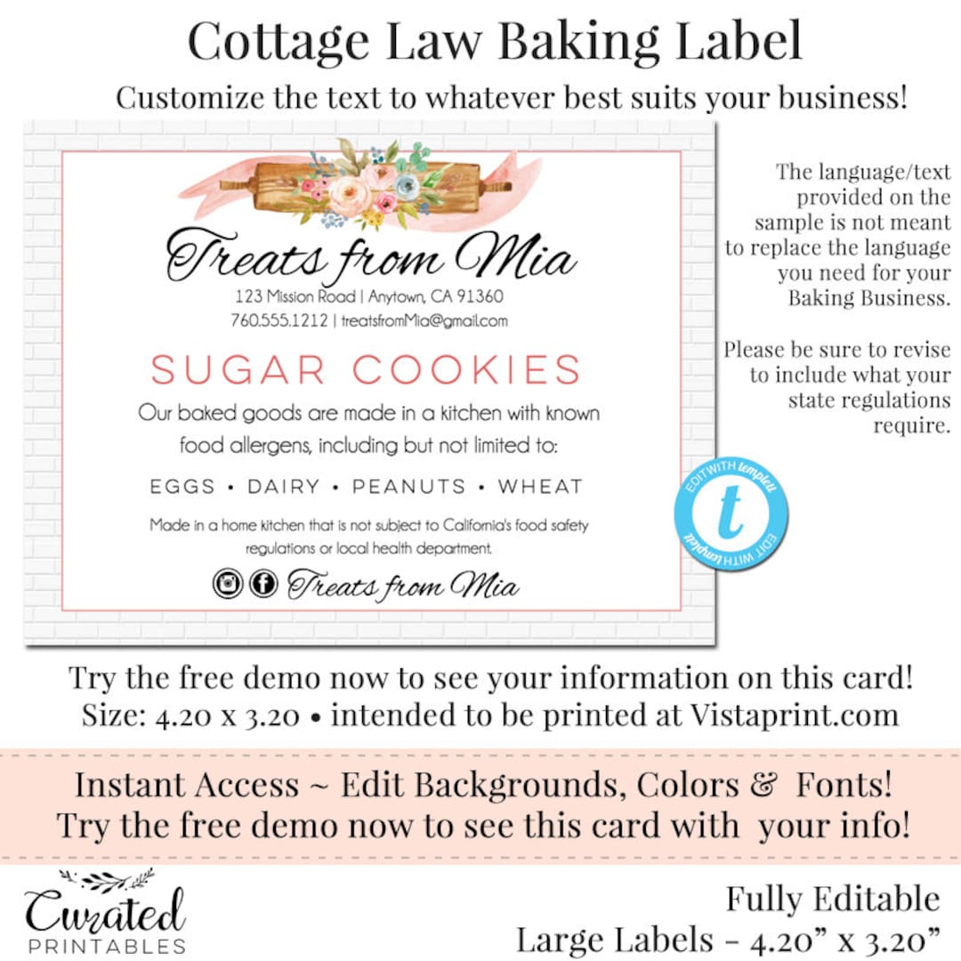 Cottage Law Label, Bakers Label, Cookie Product Label, DIY Ingredient ...