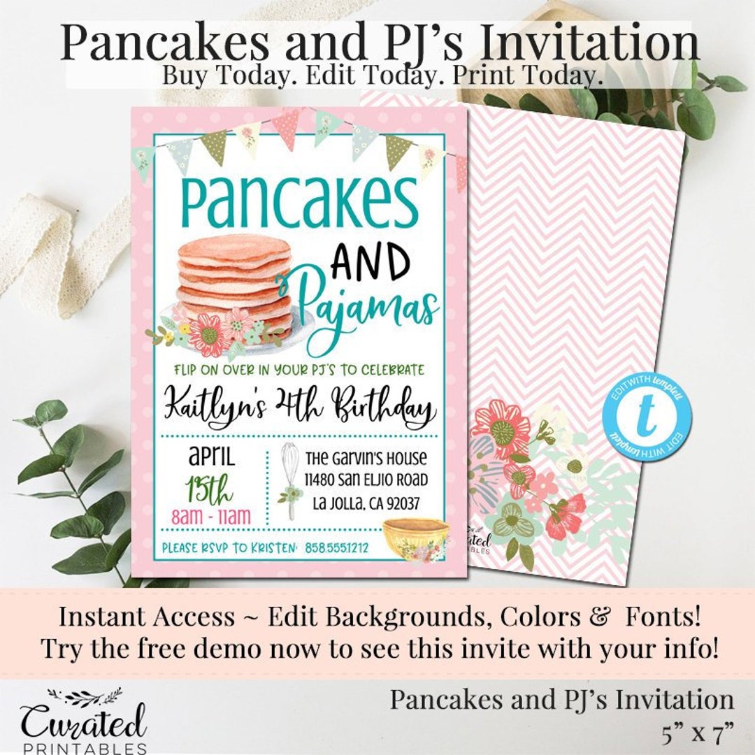 Pancakes and Pajamas Invitation, Pjs and Pancakes, Editable Birthday ...