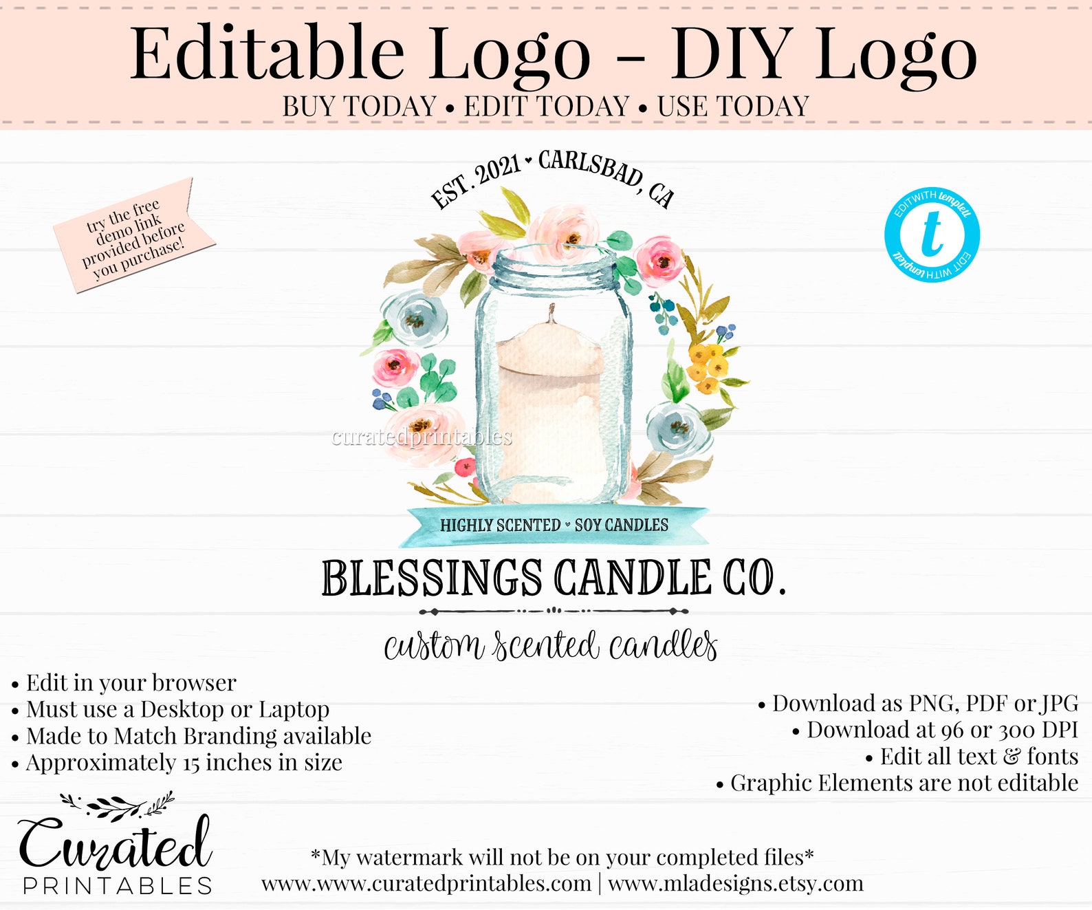 Editable Logo Candle Logo Candle Making Logo Mason Jar - Etsy