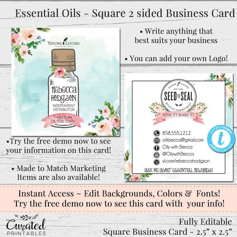 Essential Oils Business Card Editable Business Card Square | Etsy