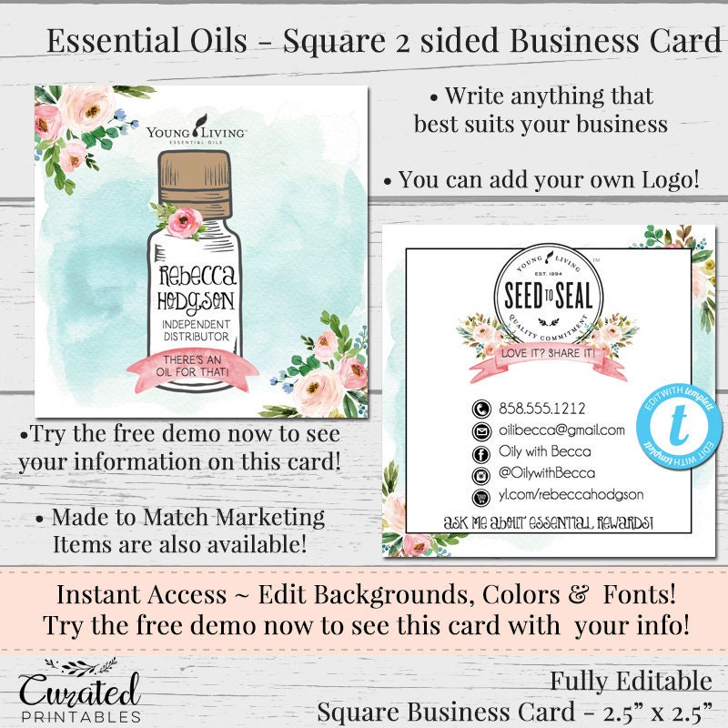 Essential Oils Business Card, Editable Business Card, Square Business ...