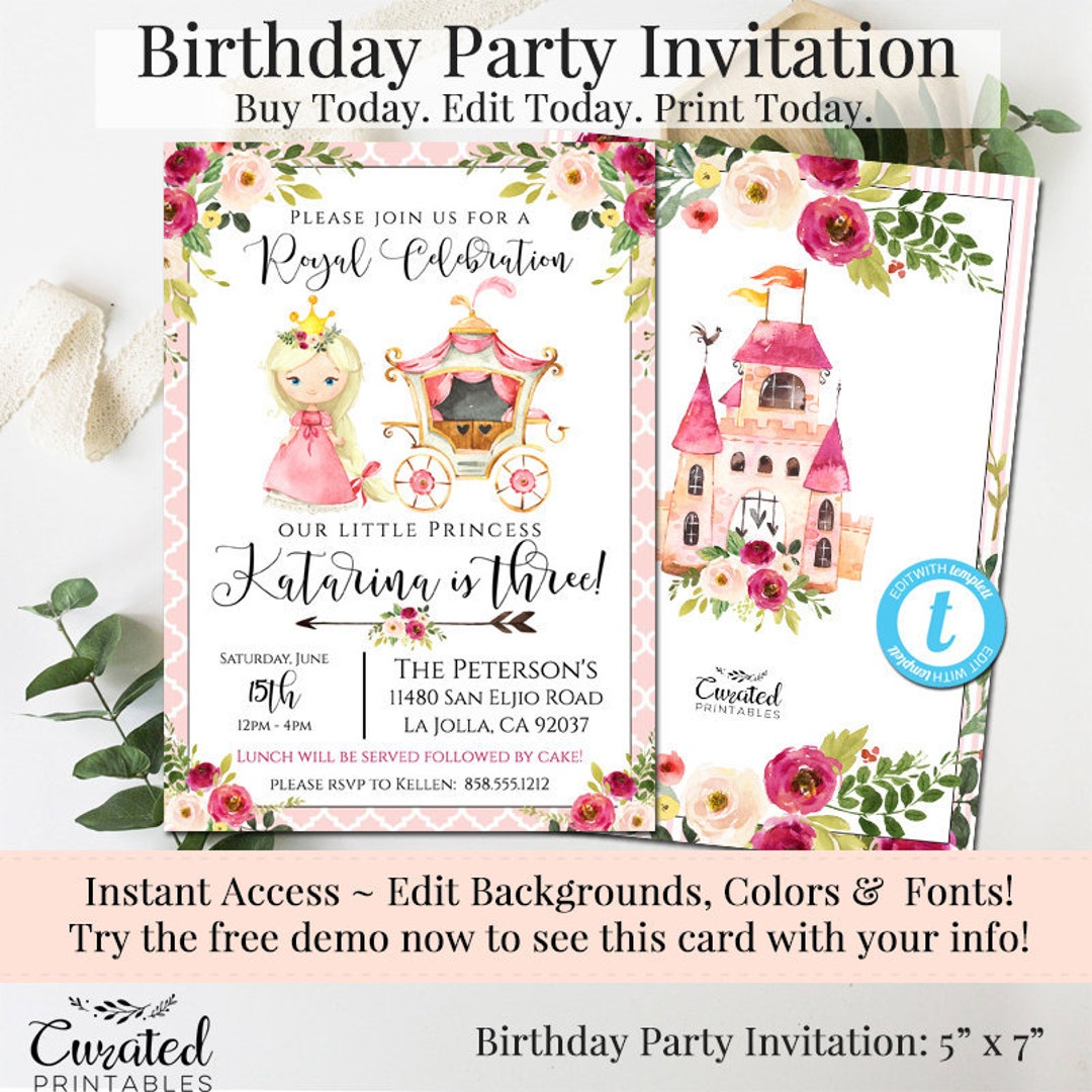 Princess Invitation, Editable Invitation, Birthday Invite, Printable ...