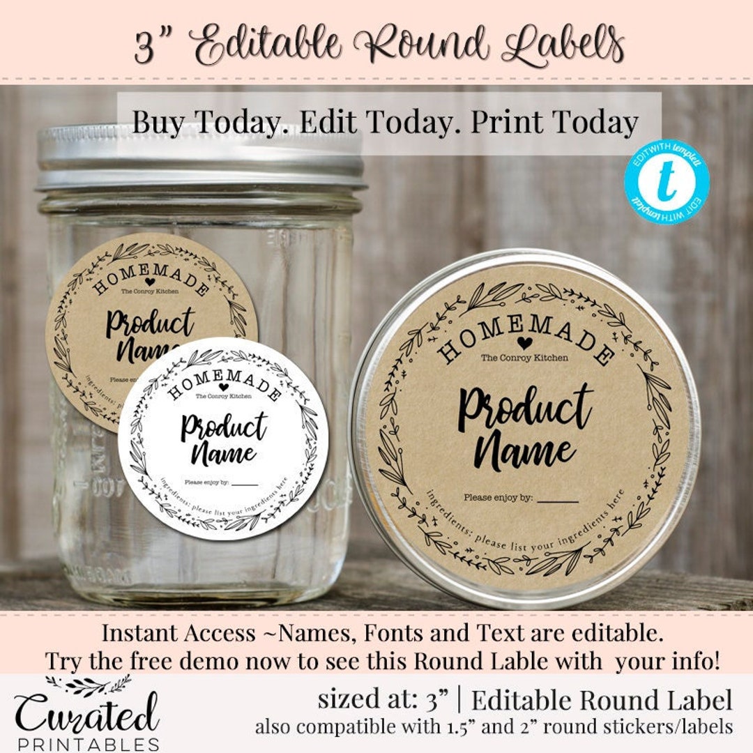 Round Jar Label, DIY Product Label, Editable Round Label, Mason Jar ...