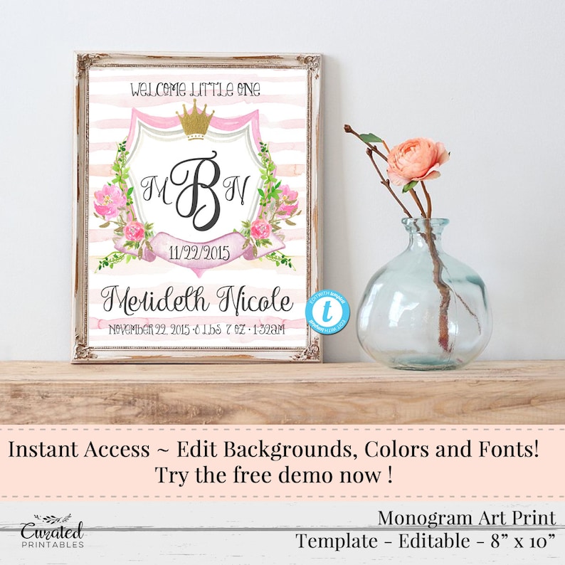 Nursery Print Monogram Crest Baby Gift Watercolor Initials - Etsy