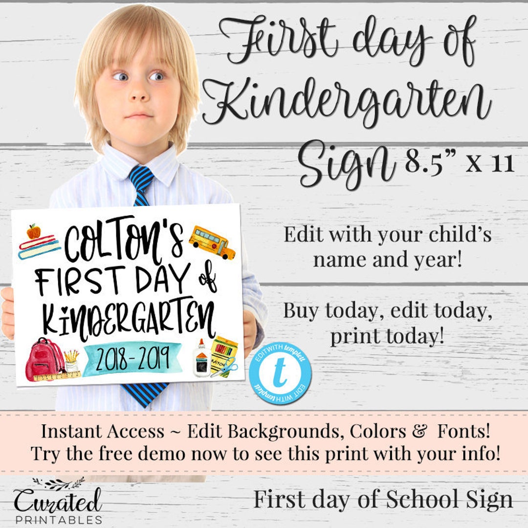 First Day Kindergarten Sign, First Day of School Sign, Milestone Print ...