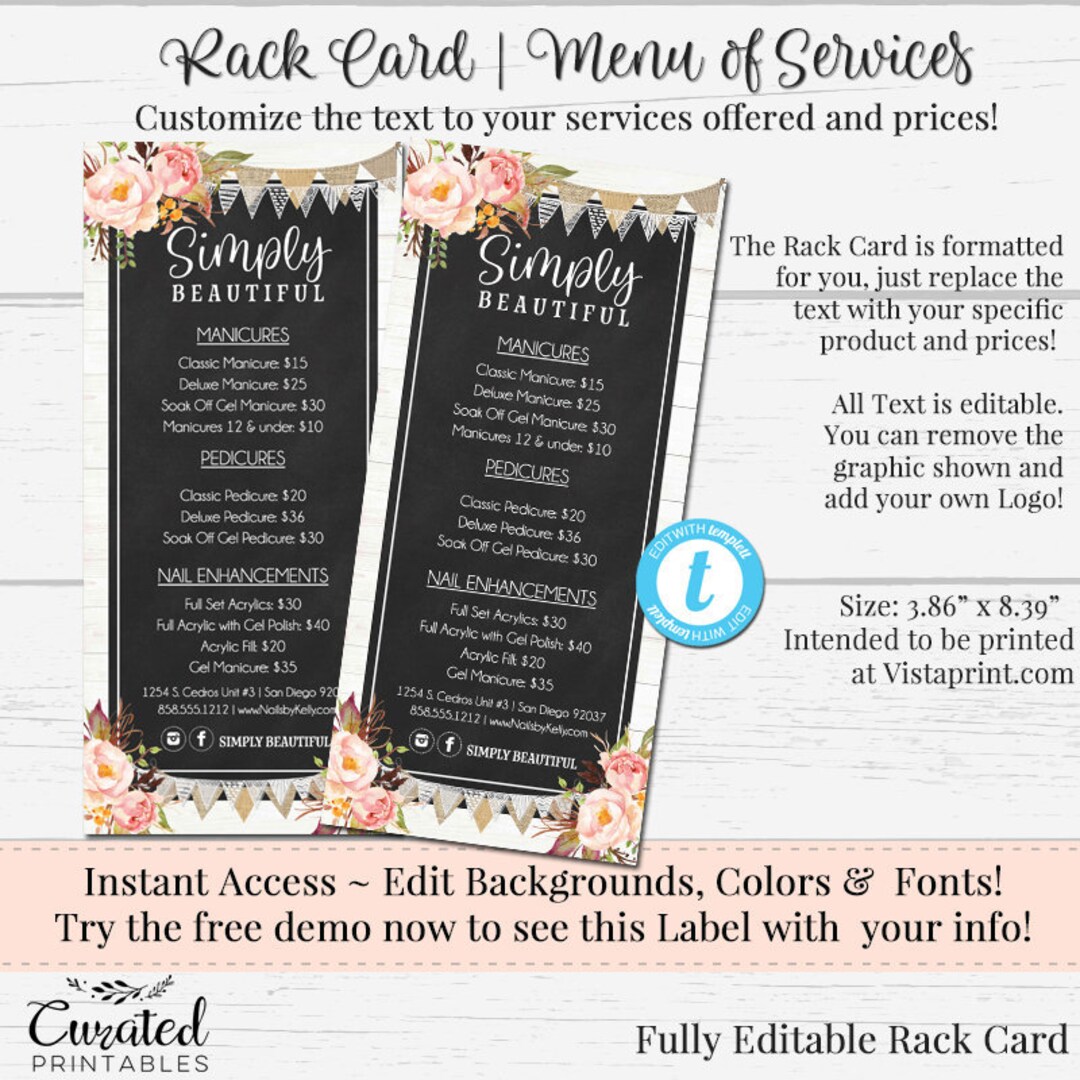 Rustic Rack Card, Makeup Artist Menu, Hair Stylist Services, Wedding ...