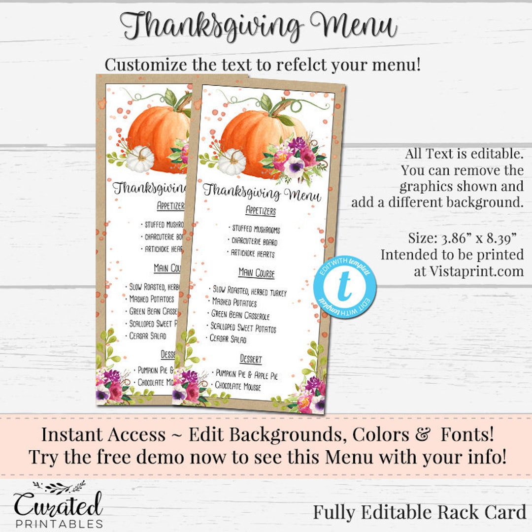 Editable Thanksgiving Menu, Thanksgiving Menu, Printable Menu, DIY ...