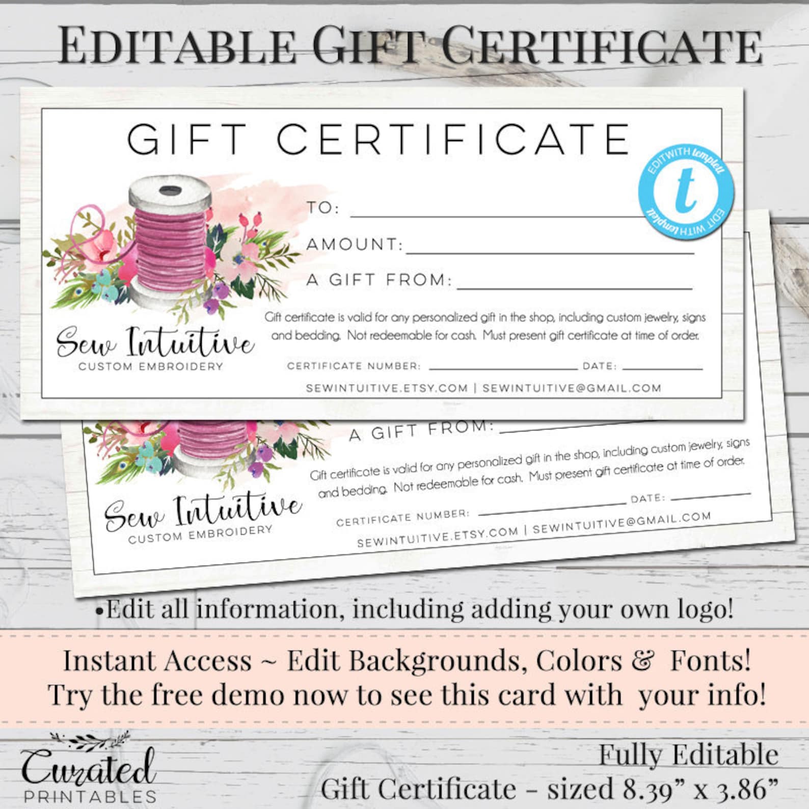 Gift Certificate Sewing Gift Cert Printable Gift Cert DIY | Etsy
