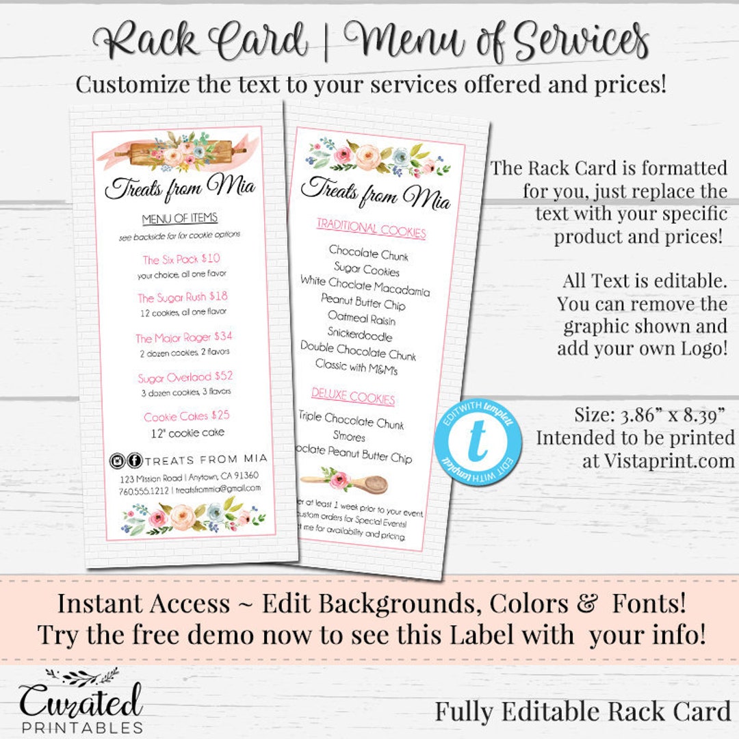 Rack Card,cookie Menu, Bakery Services, Bakery Menu, DIY Card, Editable ...