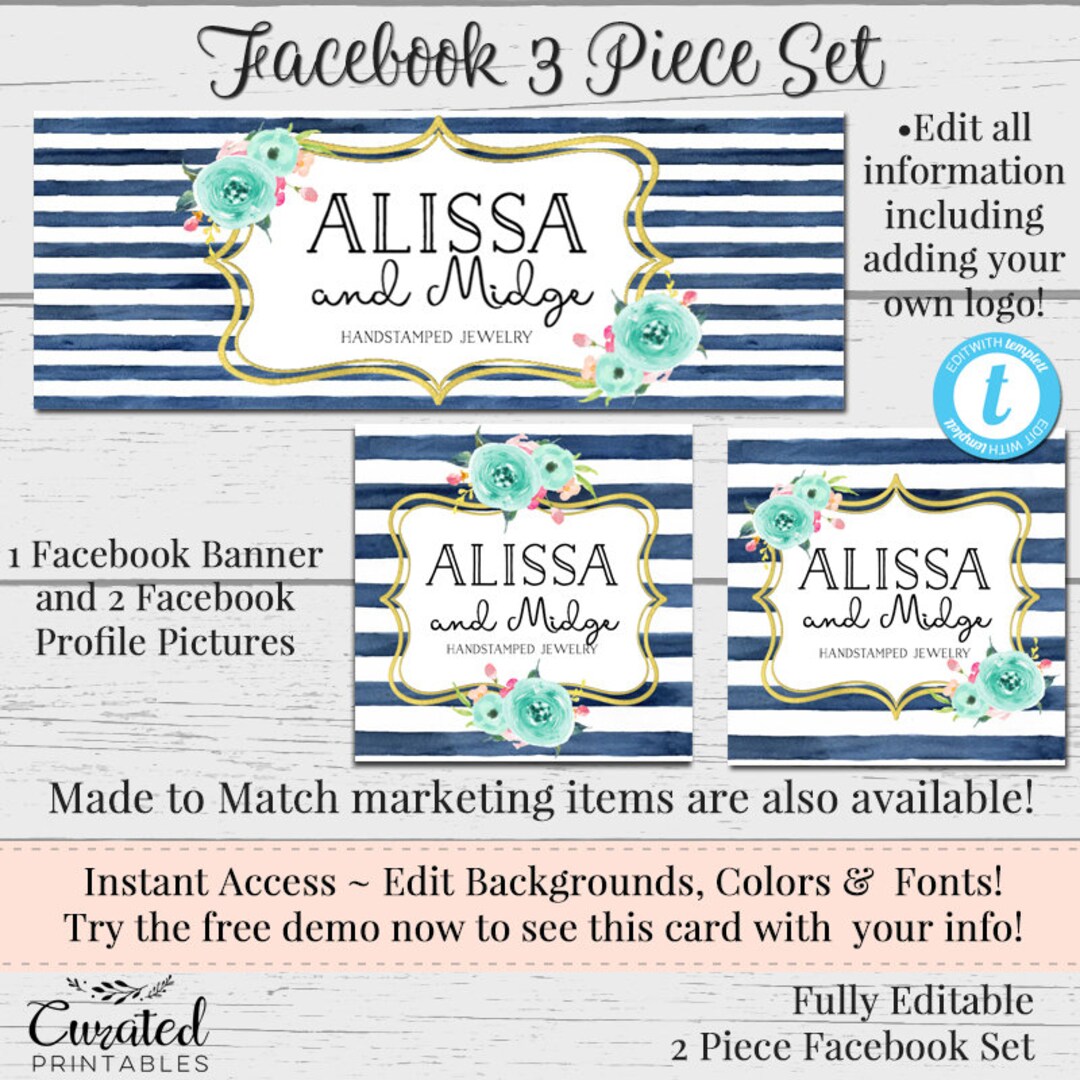 Striped Facebook Set, Customizable Facebook, DIY Watercolor Facebook ...