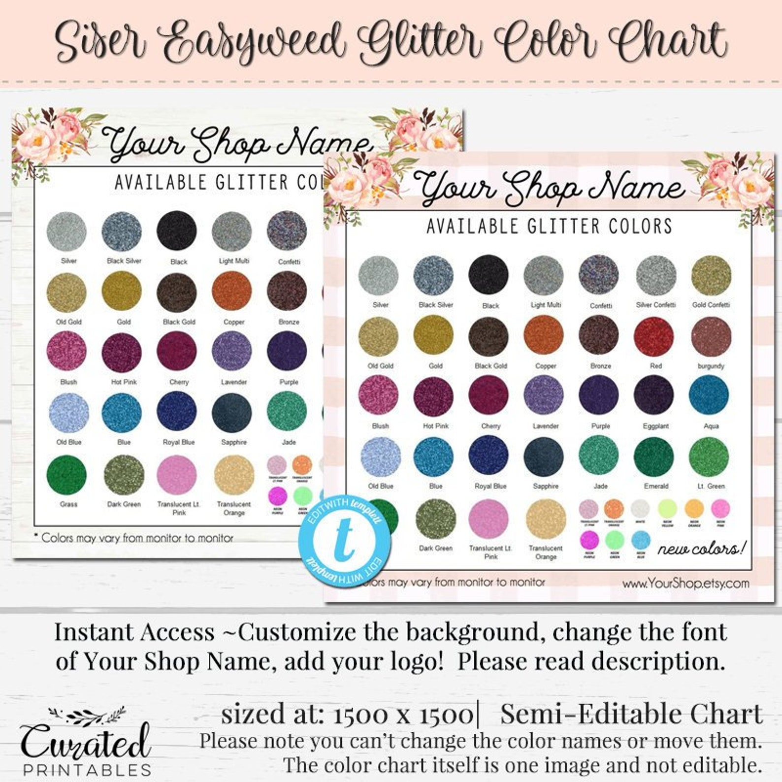 Siser Easyweed Glitter Color Chart Custom Color Chart Vinyl | Etsy
