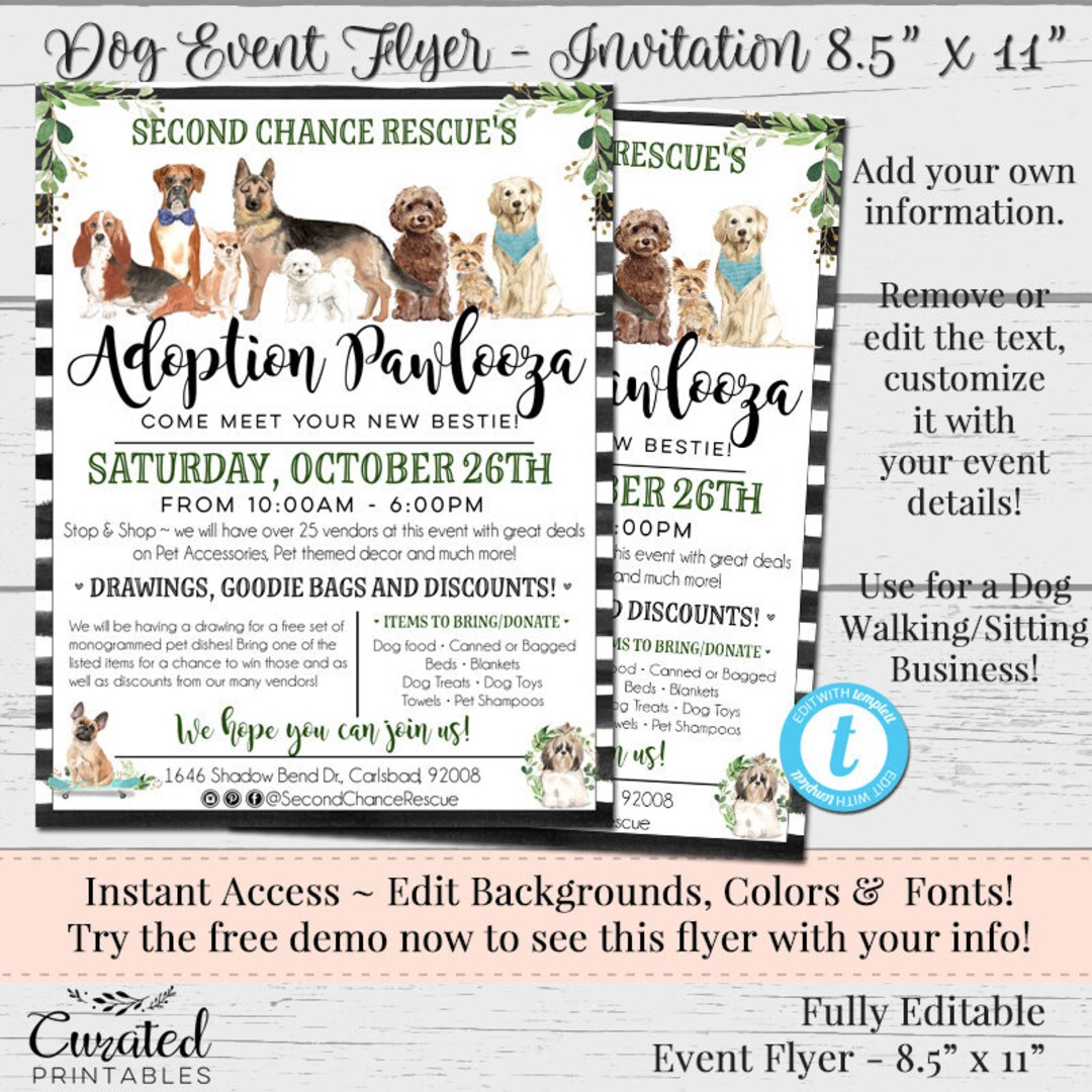 Dog Adoption Flyer, Dog Walking Flyer, Pet Sitter Flyer, DIY Template ...