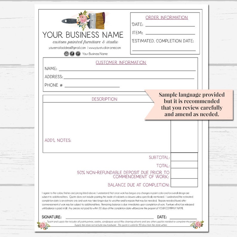 Painter's Order Form Customizable Order Form Editable - Etsy