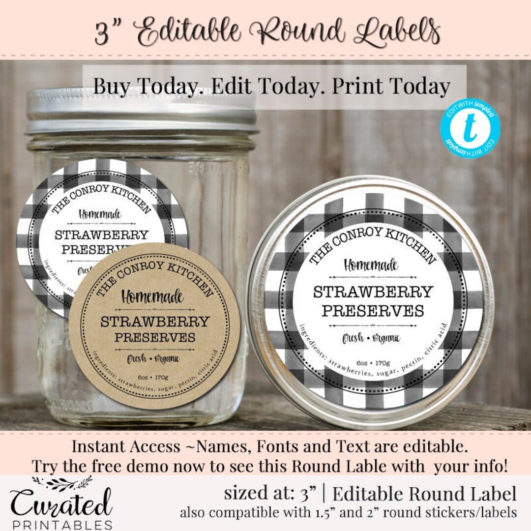 Round Jar Label, DIY Product Label, Editable Round Label, Mason Jar ...