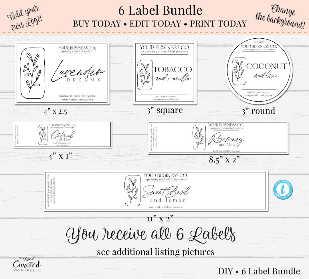 6 Label Bundle - Rectangular Label, DIY Round Sticker, Instant Download ...