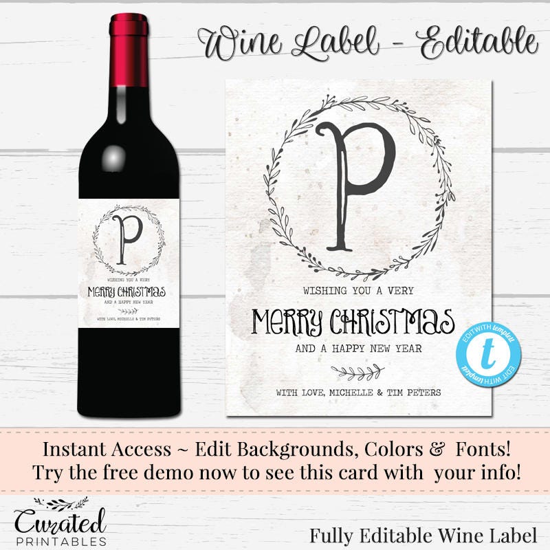 Wine Label, Editable Wine Label, Christmas Wine Label, DIY Wine Label ...