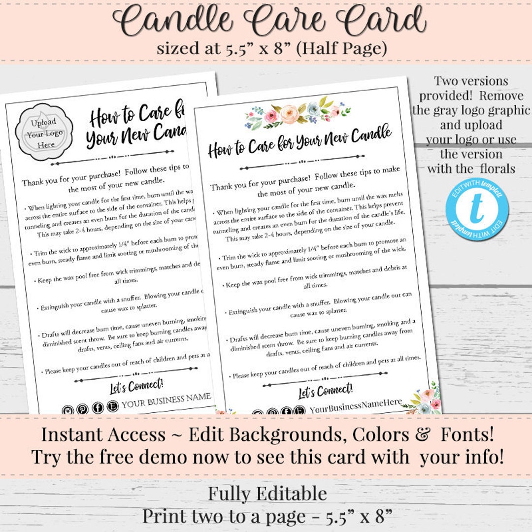 Candle Care Card, Candle Burning Instructions, Package Insert, DIY Care ...