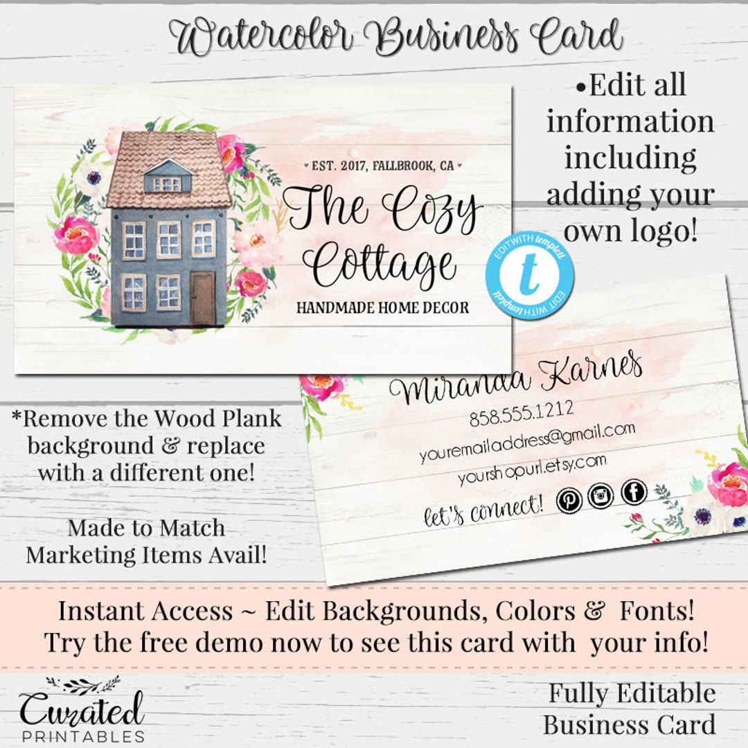 Cottage Business Card, Editable Card, Business Card Template, DIY ...