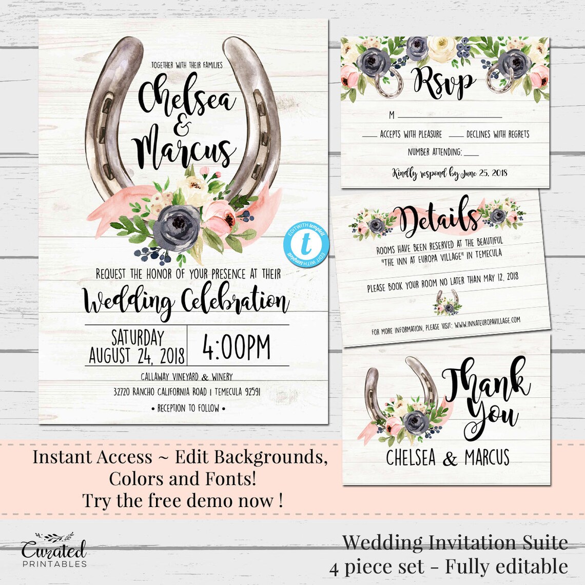 Country Wedding Invitation, Invitation Template Set, Wedding Template ...