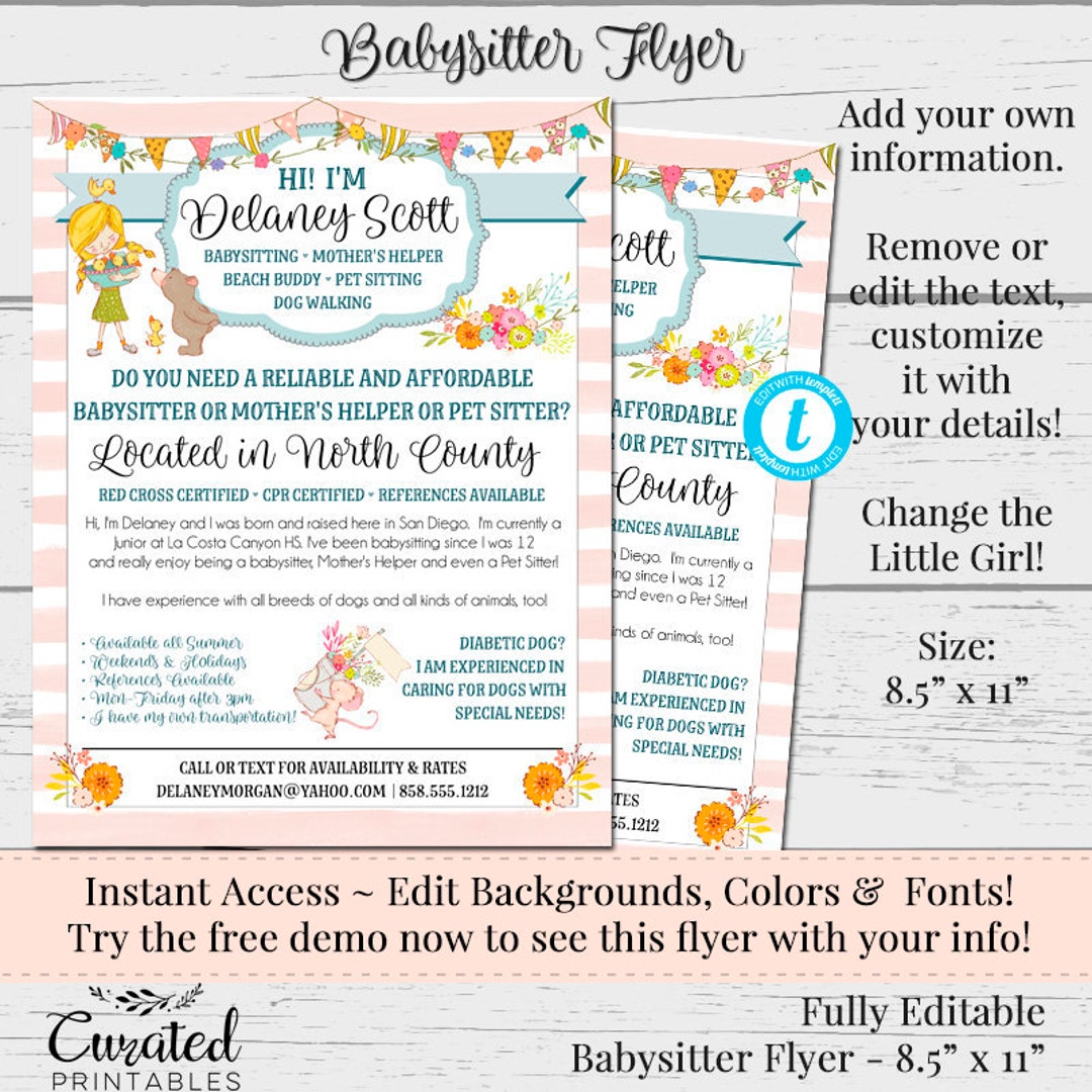 Babysitter Flyer, Child Care Flyer, Mother's Helper Flyer, Editable ...