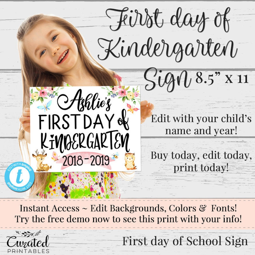 First Day Kindergarten Sign, First Day of School Sign, Milestone Print ...